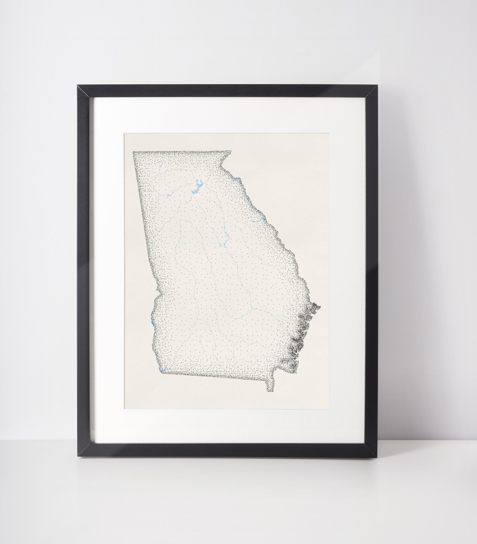Georgia Map Art Print: Stippling With Lakes and Rivers Map Print State ...