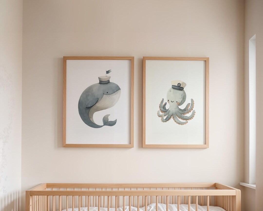 Set of 2 Cute Sea Creature Poster Whale Posters Boho Watercolor Octopus ...