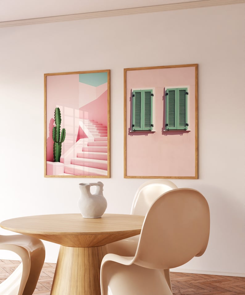 Modern Pink and Green Architecture Wall Art Set of 2 Trendy Green and ...
