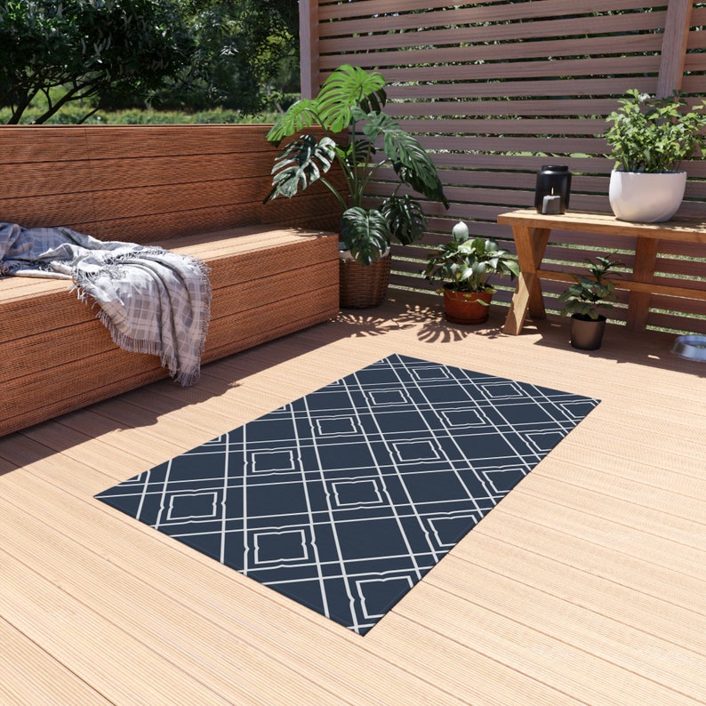 Navy Blue Geometric Pattern Outdoor Area Rug, Boho Outdoor Rug, Patio ...