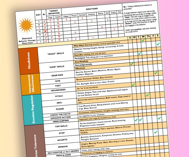 Gender Neutral Colored DBT Diary Card, Skills Tracker, Dialectical ...