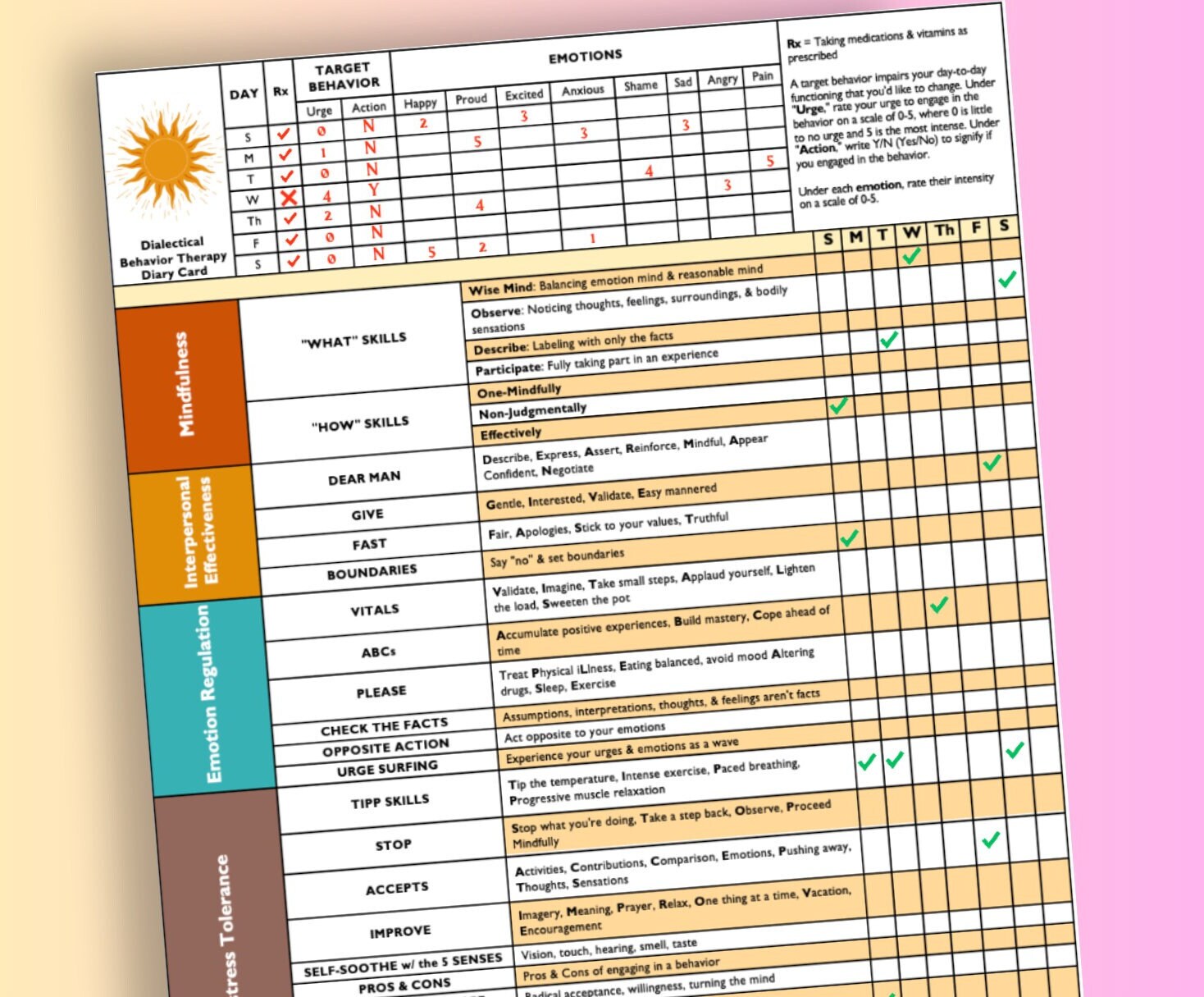 Gender Neutral Colored DBT Diary Card, Skills Tracker, Dialectical ...