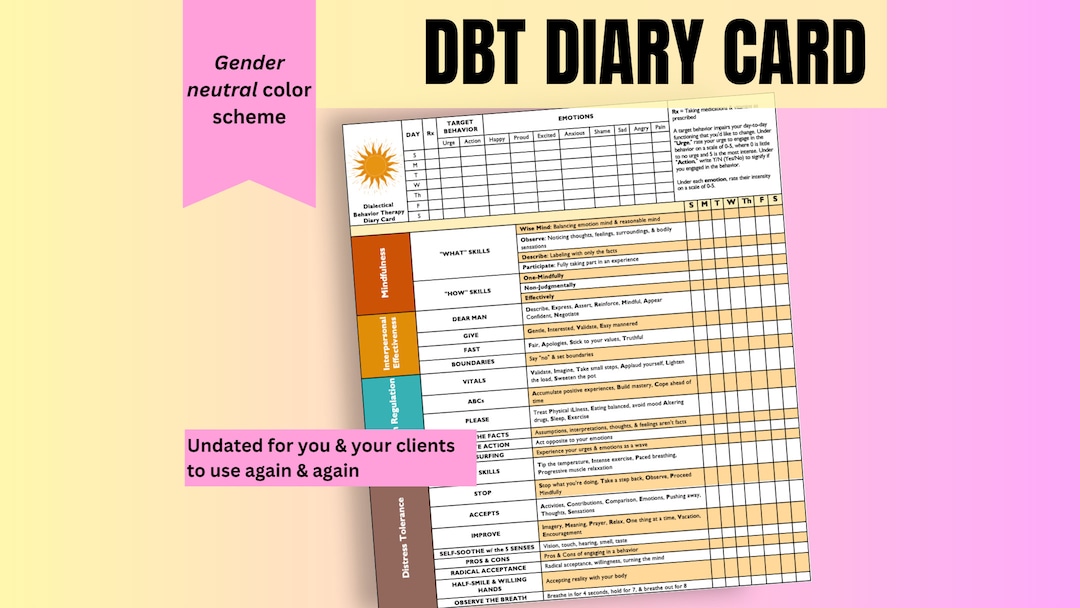 Gender Neutral Colored DBT Diary Card, Skills Tracker, Dialectical ...