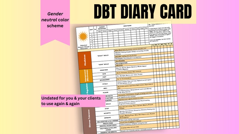 Gender Neutral Colored DBT Diary Card, Skills Tracker, Dialectical ...
