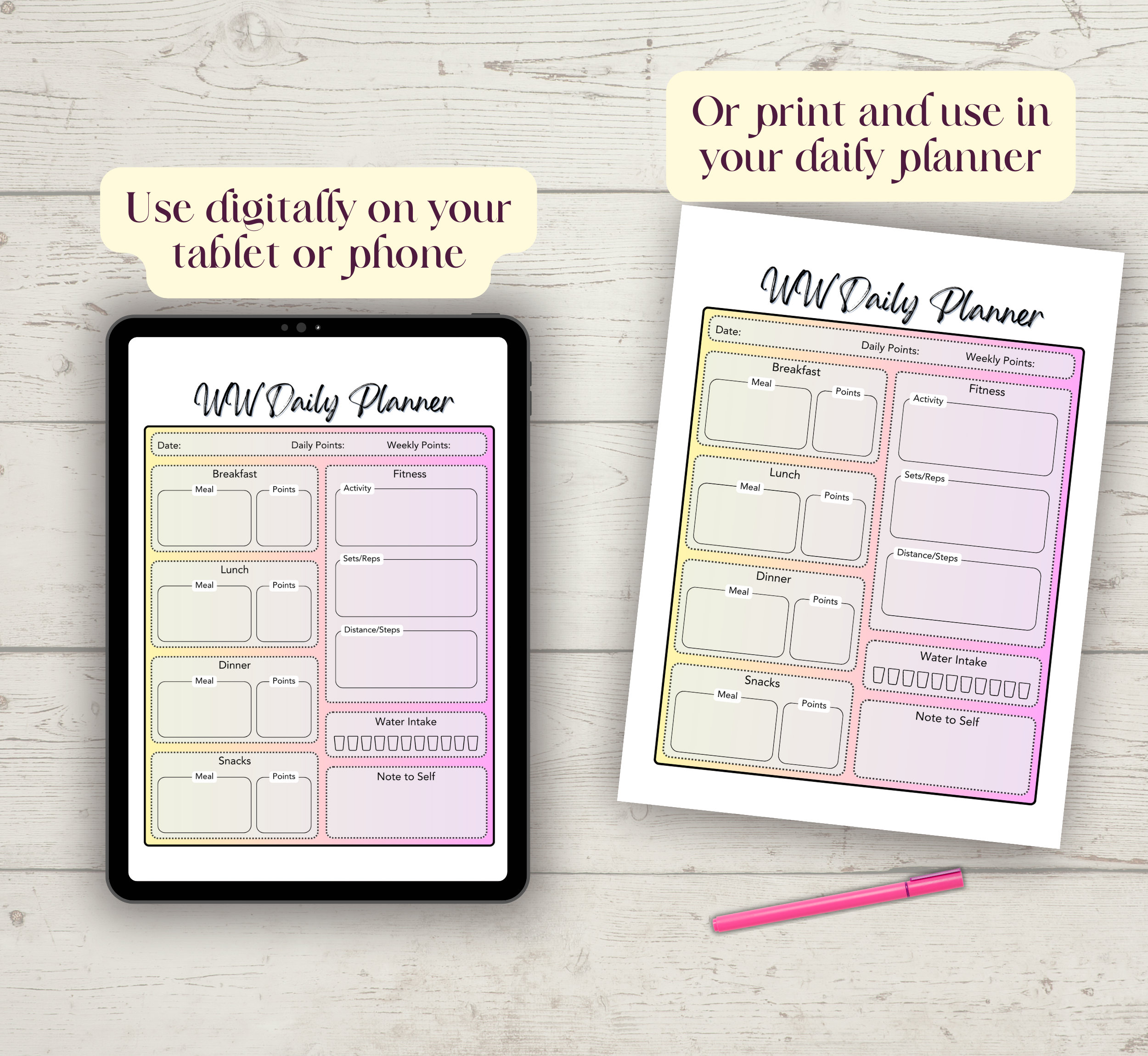 Weight Watchers Daily Planner Pages, 7 Colors for Each Day of the Week ...
