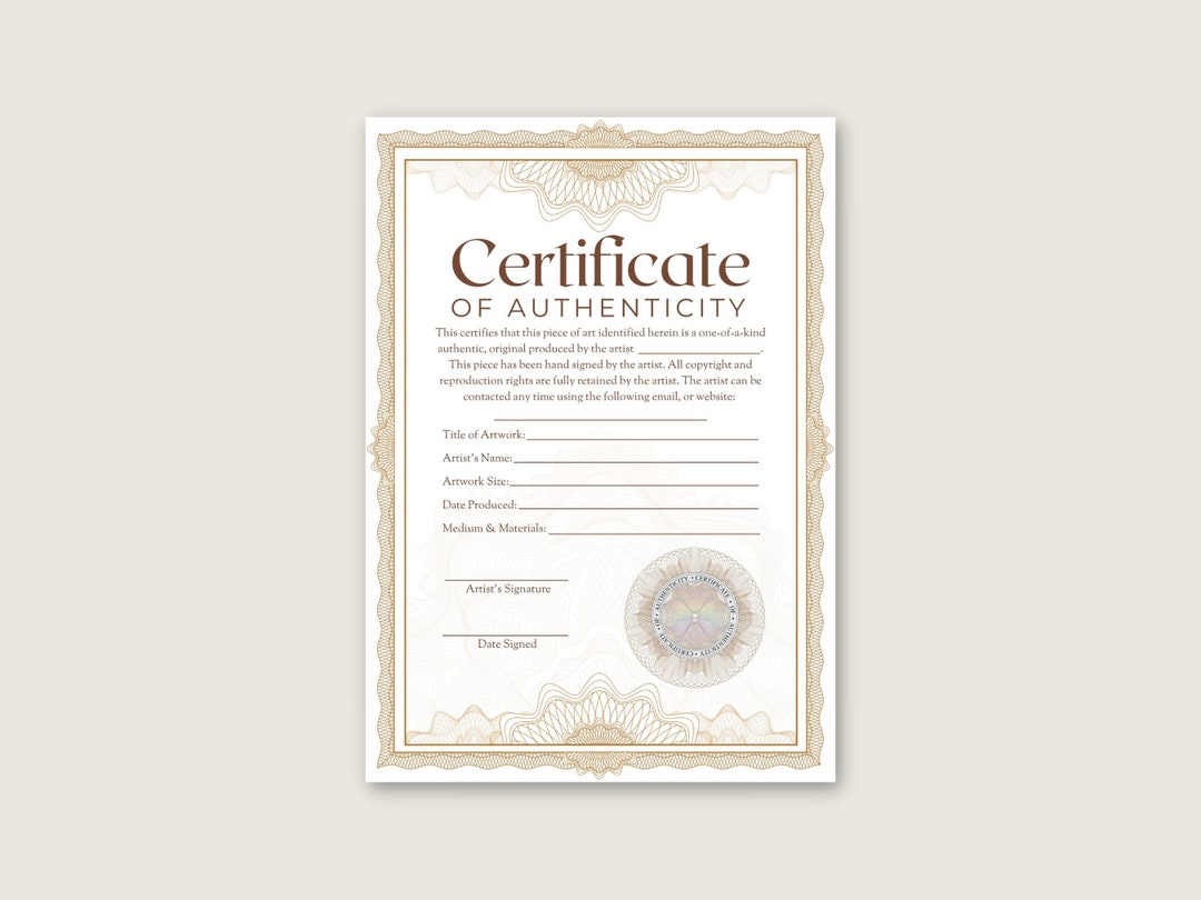 Artwork Certificate of Authenticity Template: Gold Seal, Printable COA ...