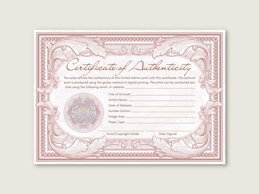 Traditional Ornate Certificate of Authenticity for Artwork With Seal ...