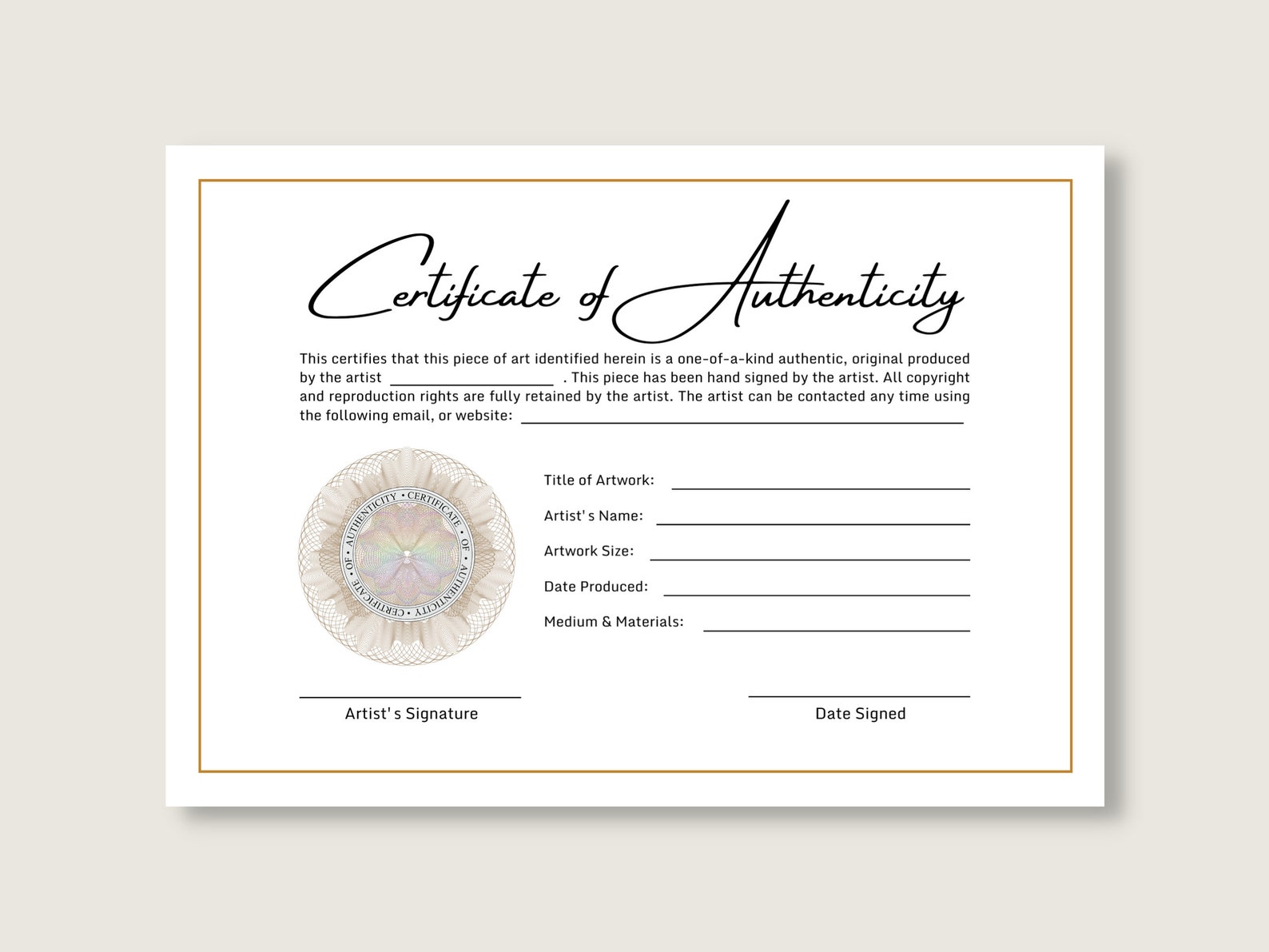 Simple Gold Neutral Certificate of Authenticity for Artwork With Seal ...