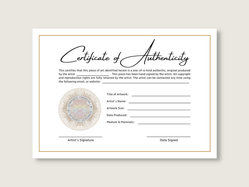 Simple Gold Neutral Certificate of Authenticity for Artwork With Seal ...