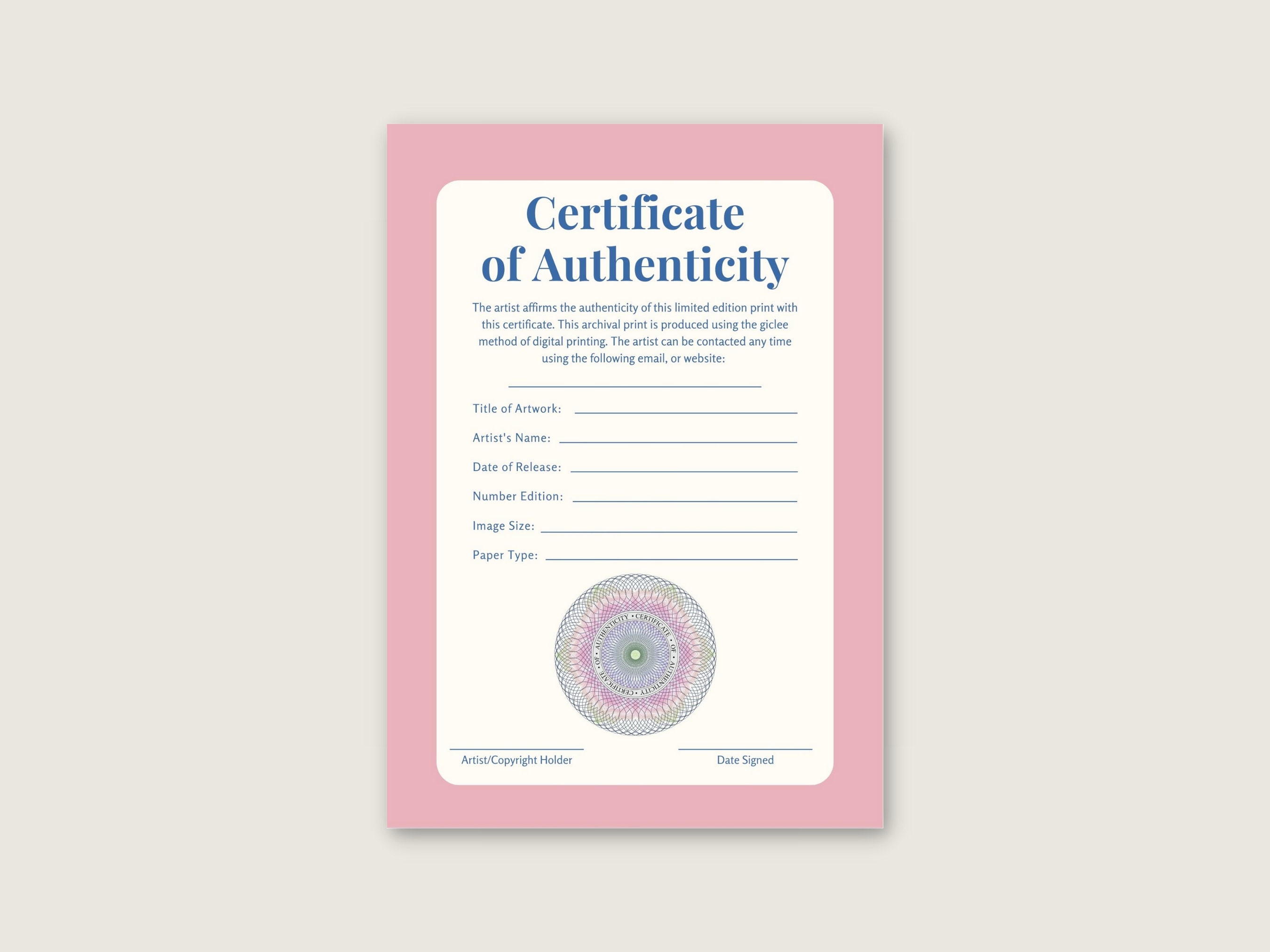 Pink Neutral Simple Certificate of Authenticity for Artwork, Editable ...