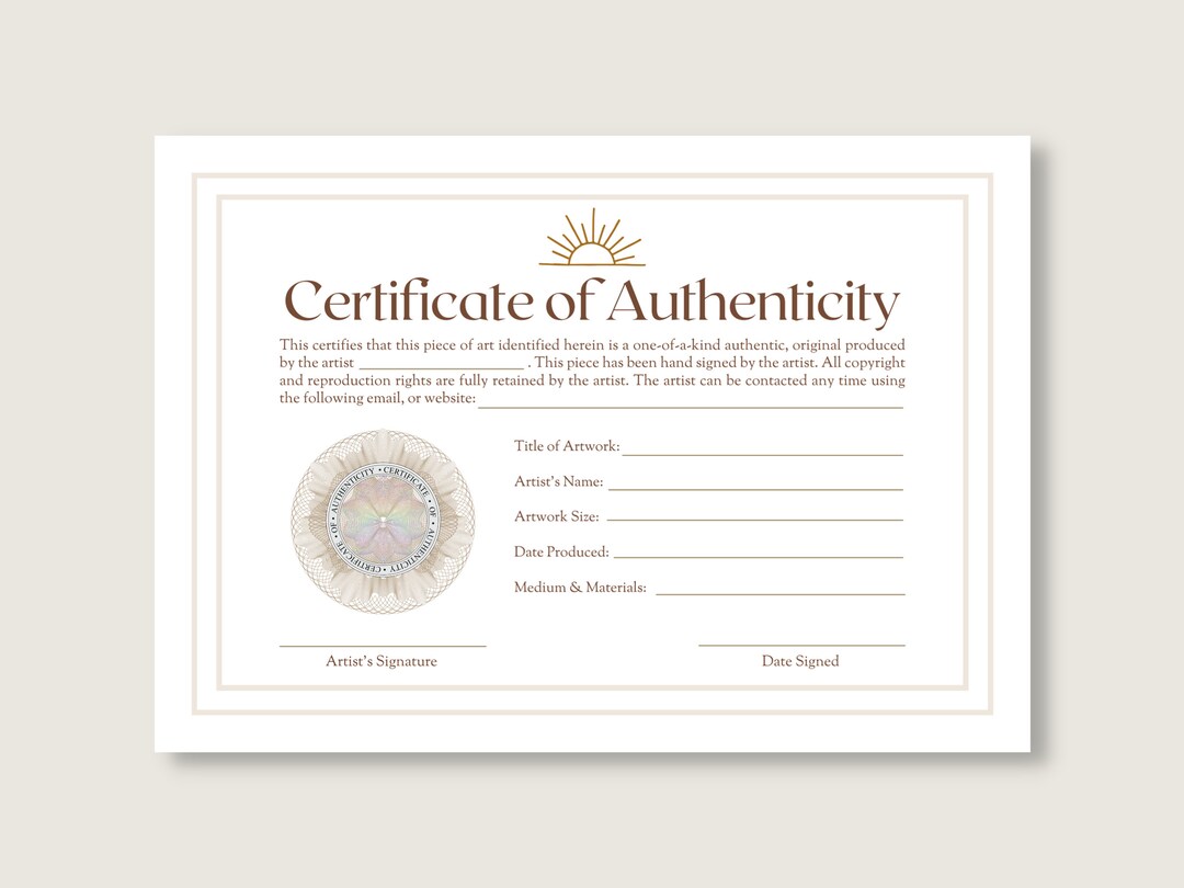 Editable Certificate of Authenticity Template: Neutral Art COA (digital ...