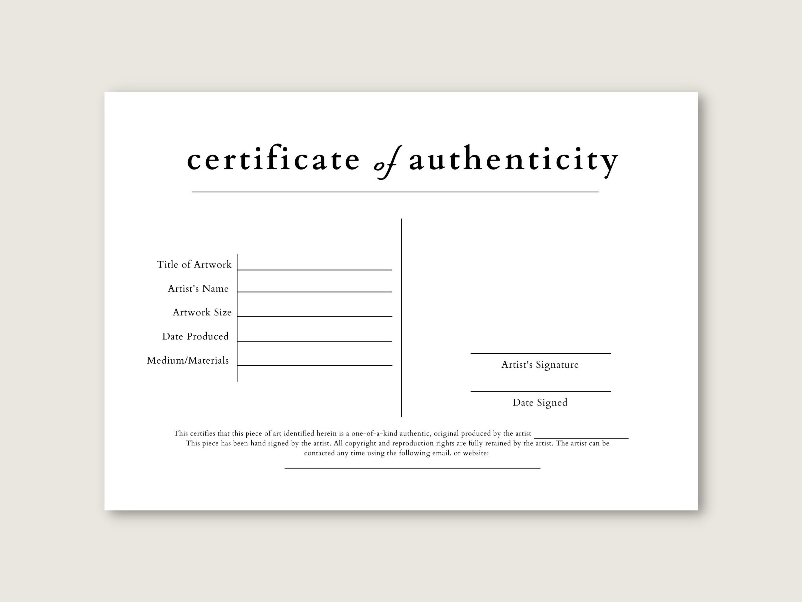 Minimalist White Certificate of Authenticity for Artwork, Instant ...