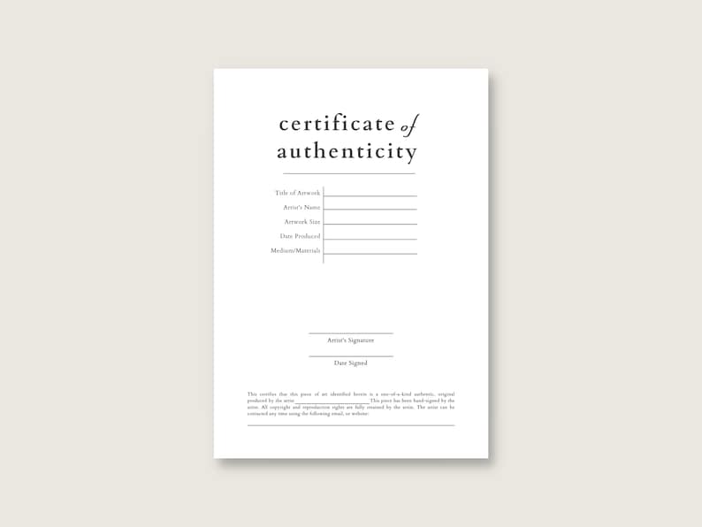 Minimalist White Neutral Certificate of Authenticity for Artwork, 100% ...