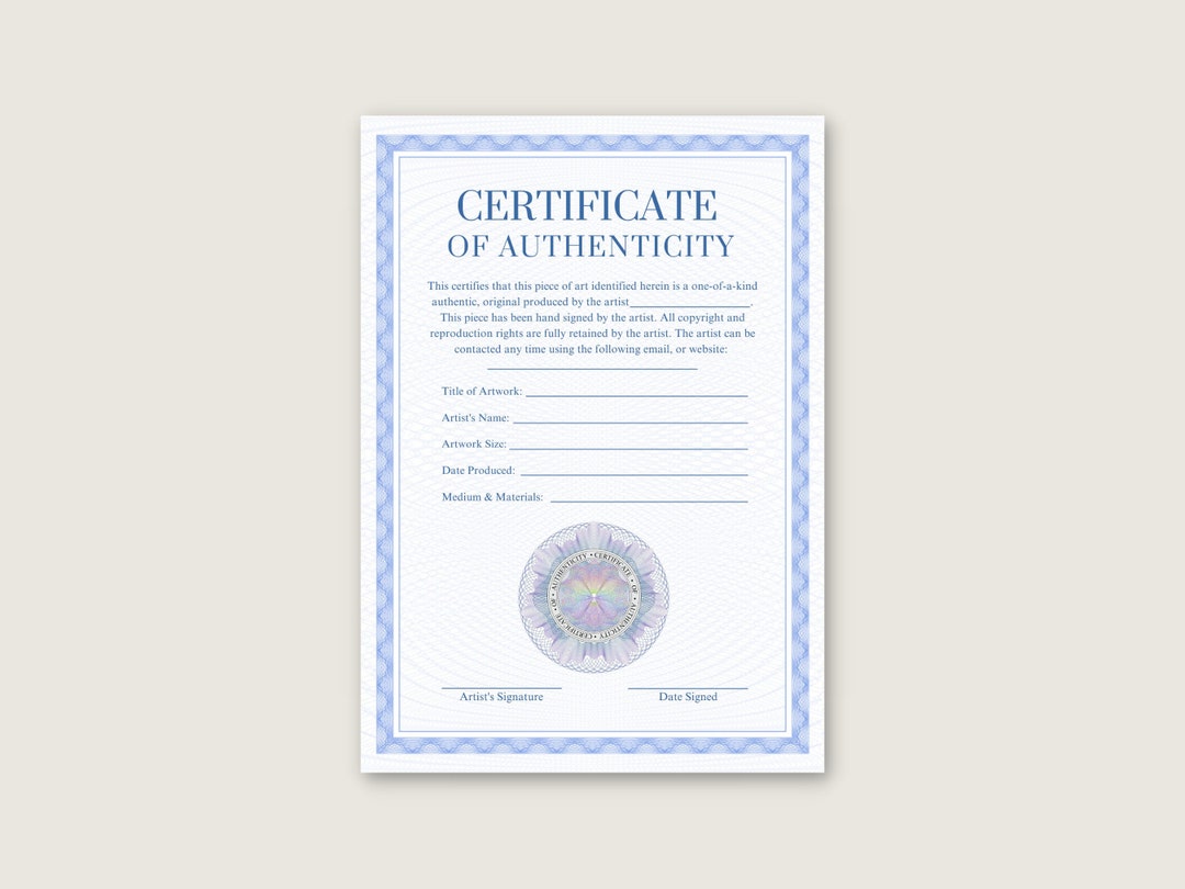 Elegant Traditional Certificate of Authenticity for Artwork With Seal ...