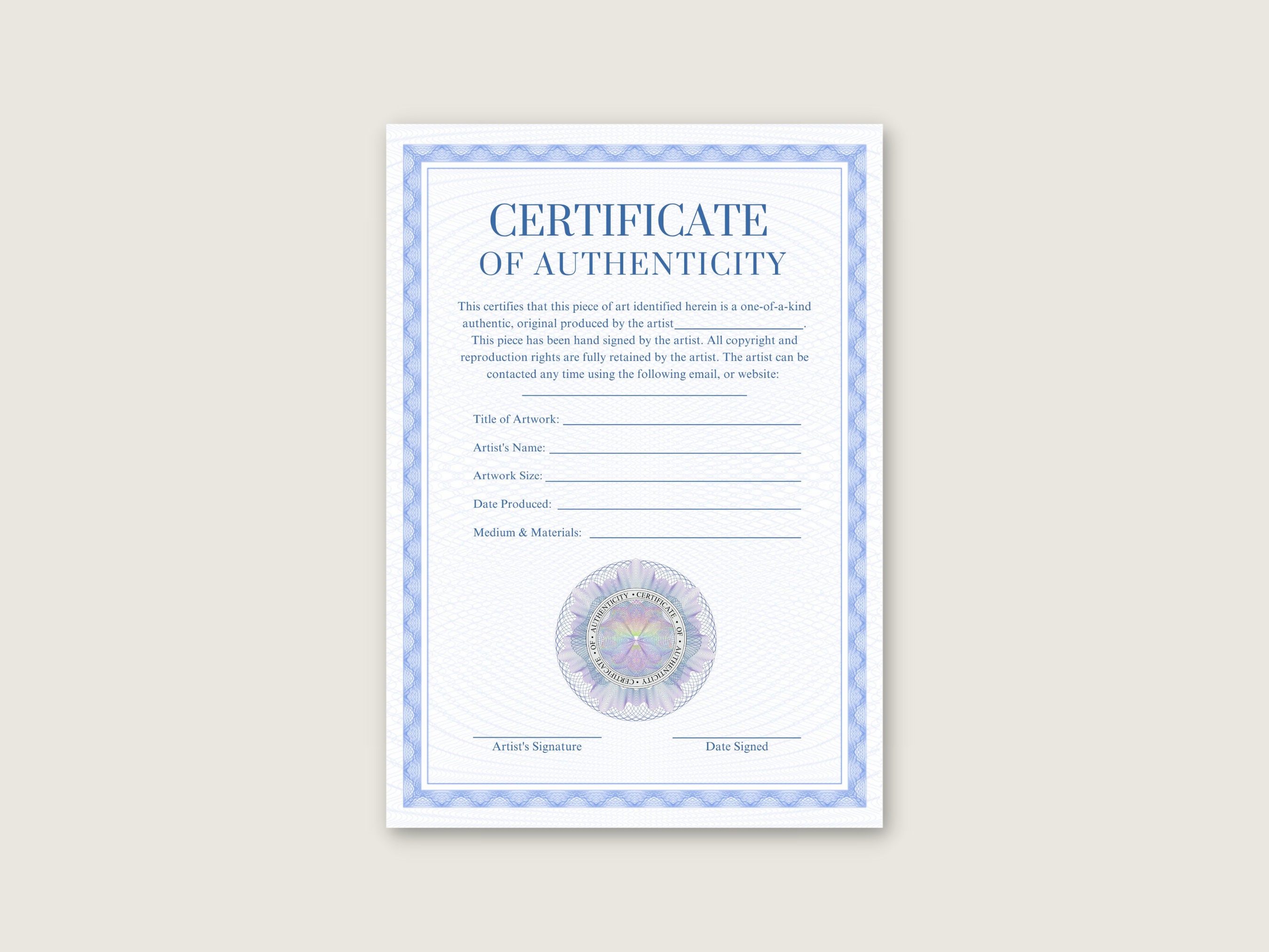 Elegant Traditional Certificate of Authenticity for Artwork With Seal ...