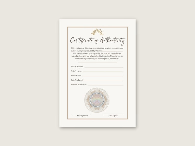 Clean Neutral Certificate of Authenticity for Artwork With Seal ...