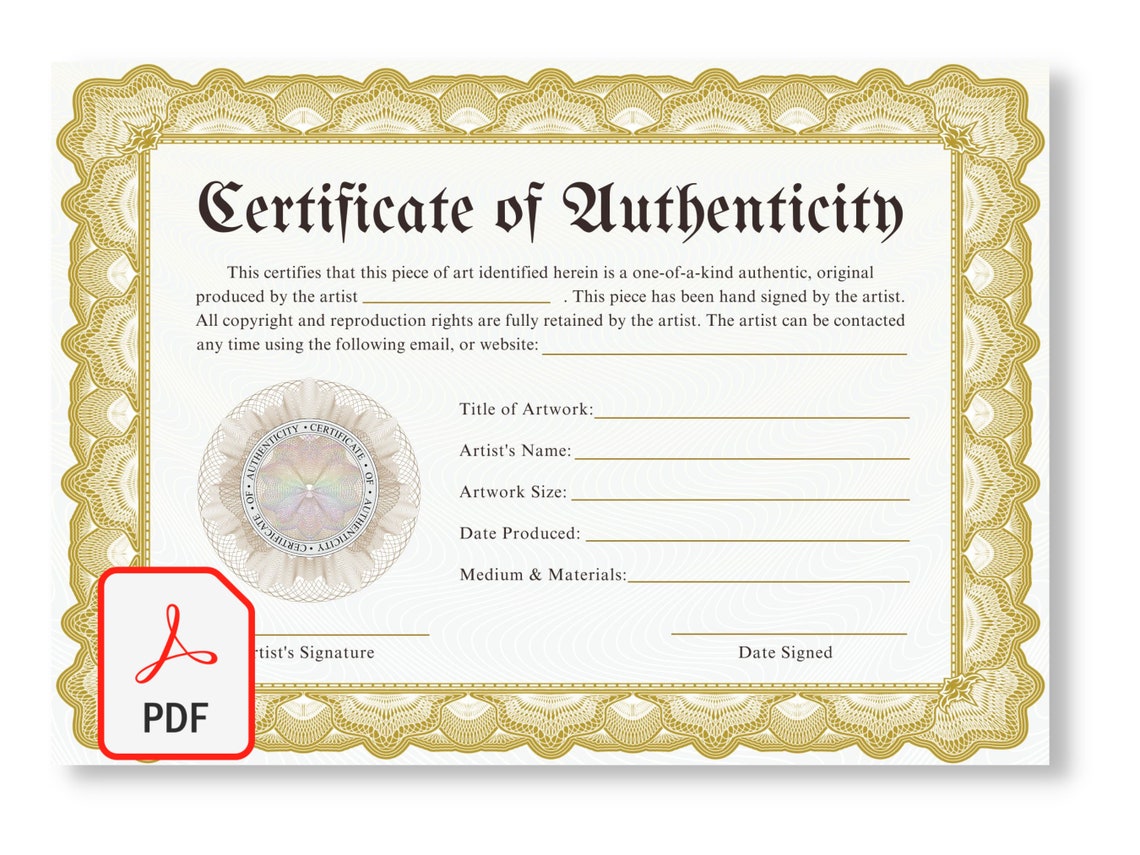 Traditional Gold Certificate of Authenticity Template: Artwork COA ...