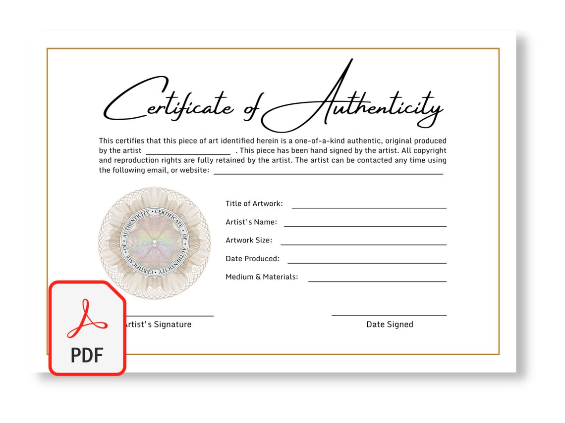 Simple Gold Neutral Certificate of Authenticity for Artwork With Seal ...