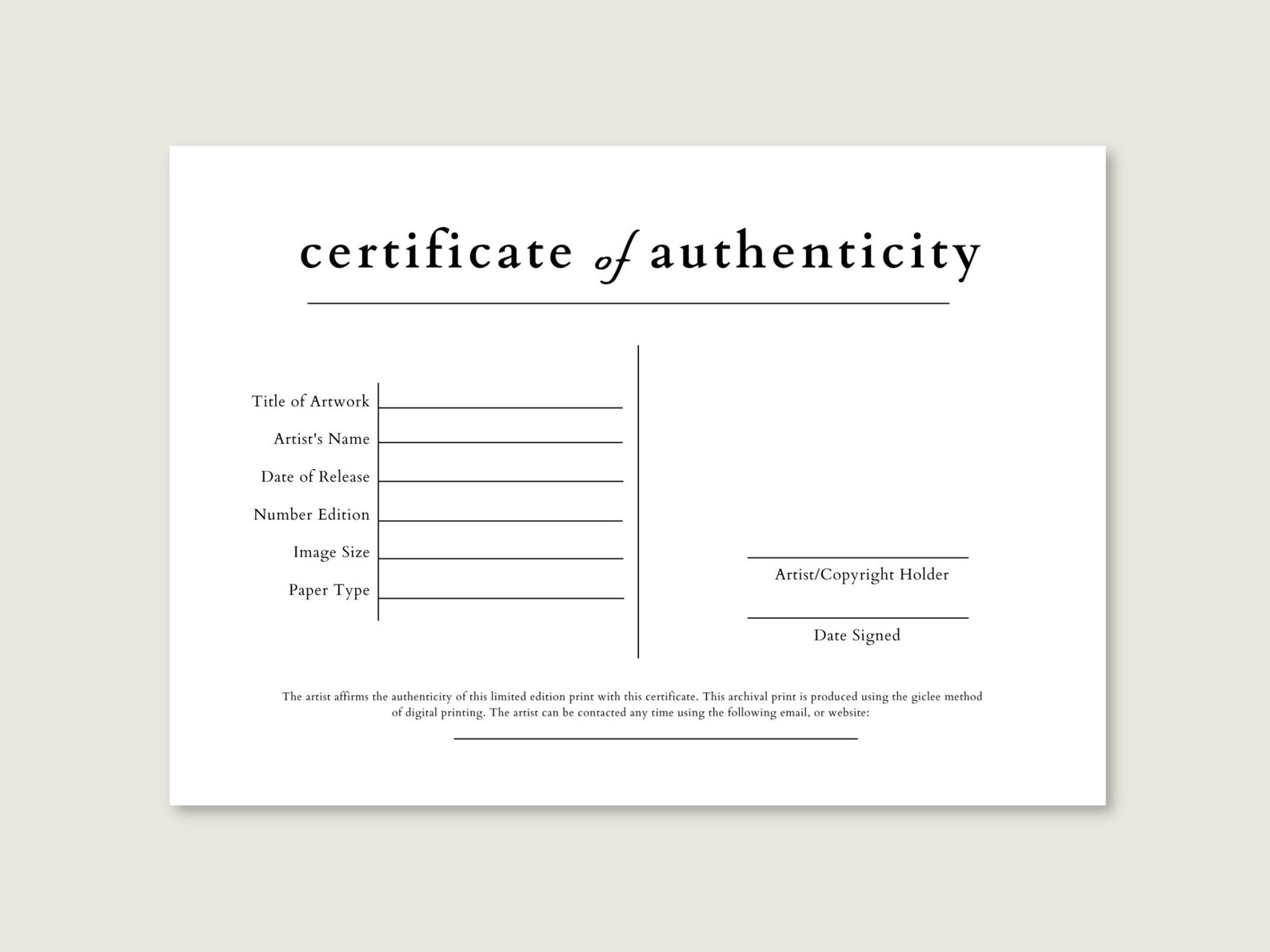 Minimalist White Certificate of Authenticity for PRINTS, Instant ...