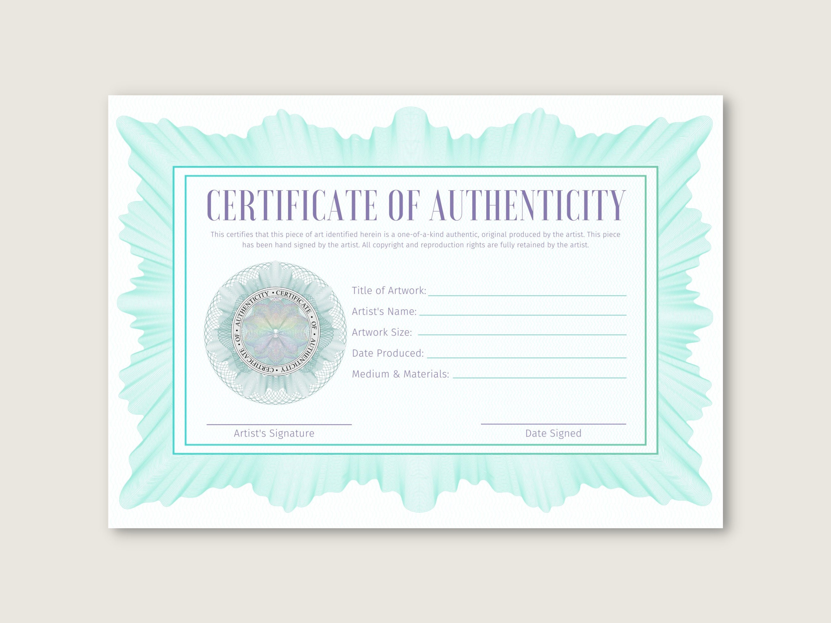 Art Deco Certificate of Authenticity, Editable Authenticity Certificate ...