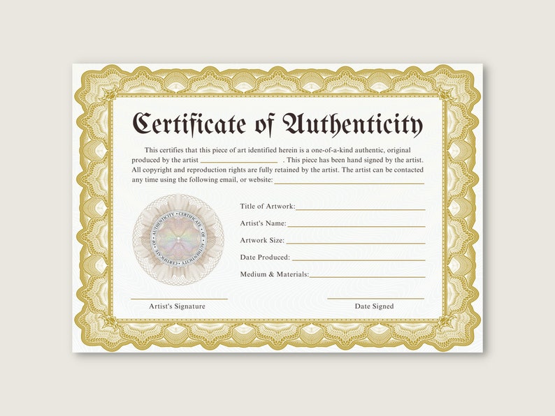 Traditional Gold Certificate of Authenticity Template: Artwork COA ...
