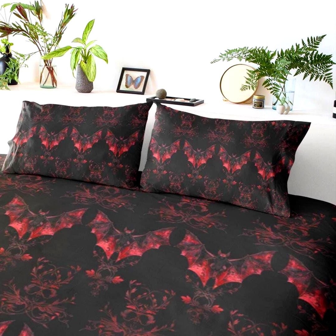 Red Baroque Bats Duvet Cover | Victorian Gothic Bedding in Black & Red ...