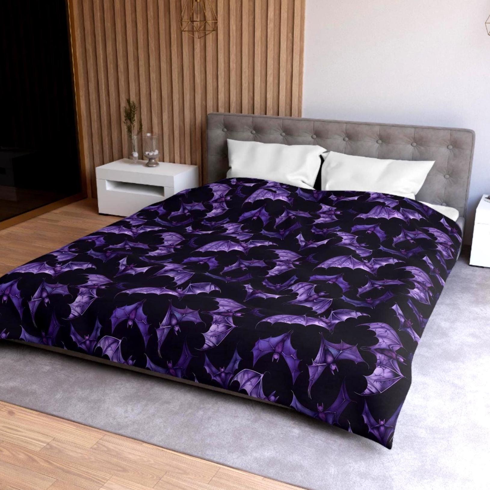 Dark Night Sky Duvet Cover With Flying Purple Bats | Spooky Gothic ...