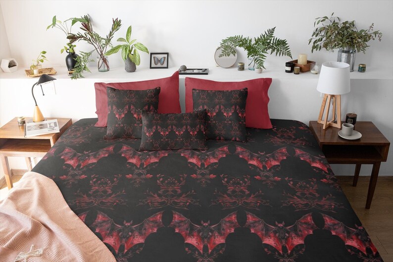 Red Baroque Bats Duvet Cover | Victorian Gothic Bedding in Black & Red ...