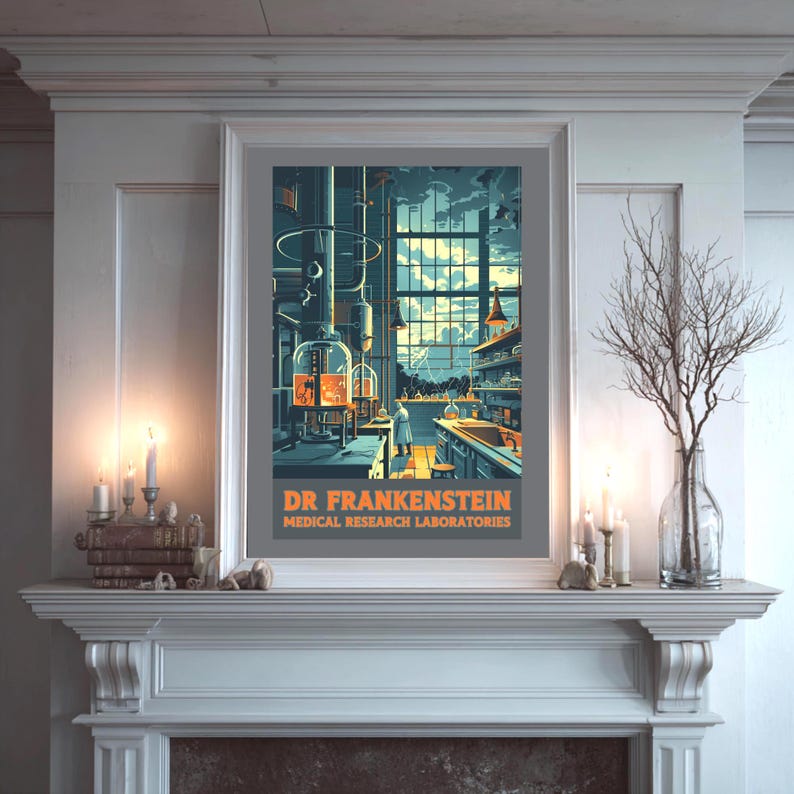 Frankenstein Laboratory Poster | WPA Style Mad Science Print | Gothic ...