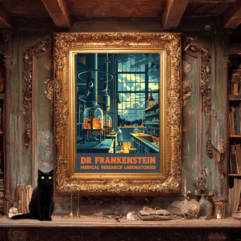 Frankenstein Laboratory Poster | WPA Style Mad Science Print | Gothic ...