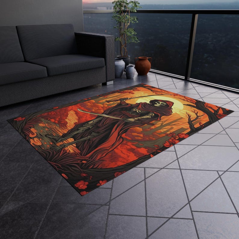 Dual Sword-wielding Grim Reaper Outdoor Rug | Tarot Style Red Reaper ...