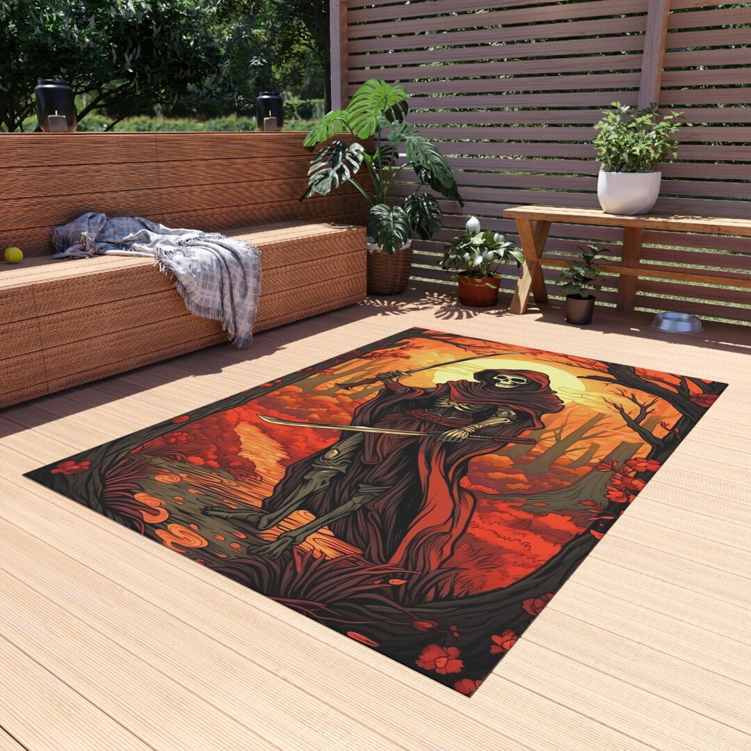 Dual Sword-wielding Grim Reaper Outdoor Rug | Tarot Style Red Reaper ...