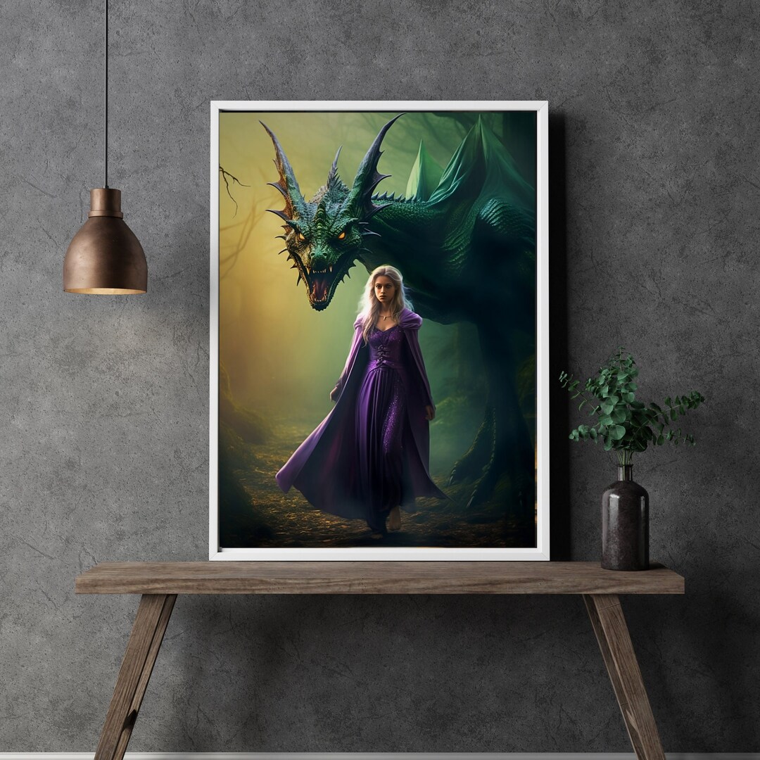 Dragon Queen Leading Her Ferocious Green Dragon - Premium Fine Art ...
