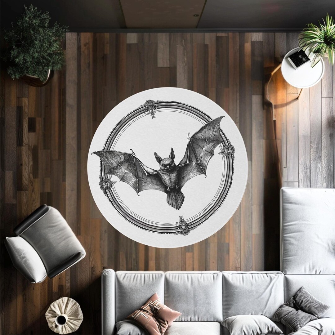 Gothic Bat Round Rug | Black & White Vintage Victorian Illustration ...