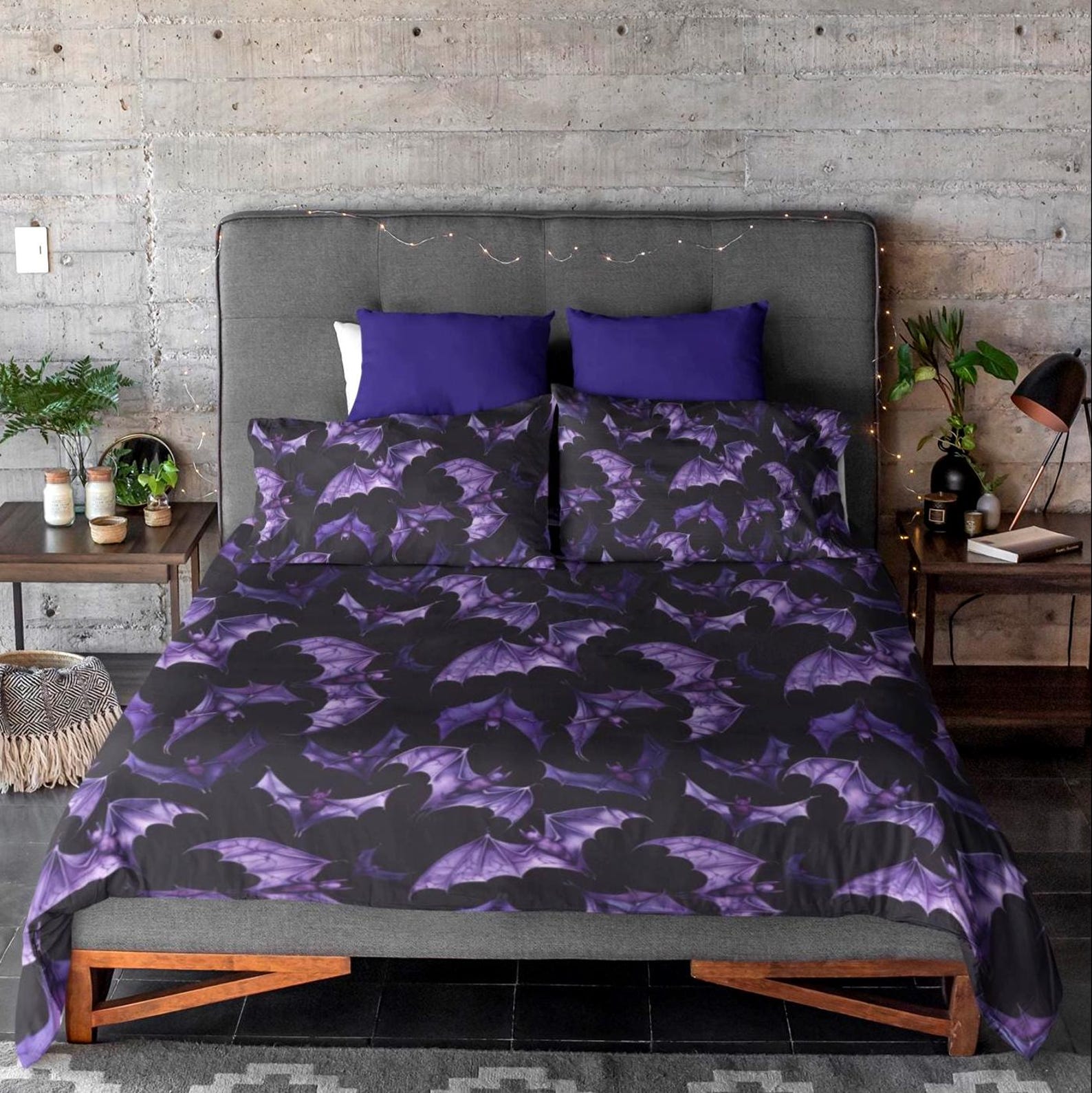 Dark Night Sky Duvet Cover With Flying Purple Bats | Spooky Gothic ...