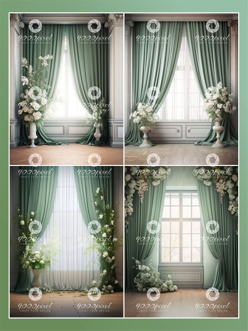 20 Photo Backdrops Set, Classy Rooms With Green Curtain for Maternity ...