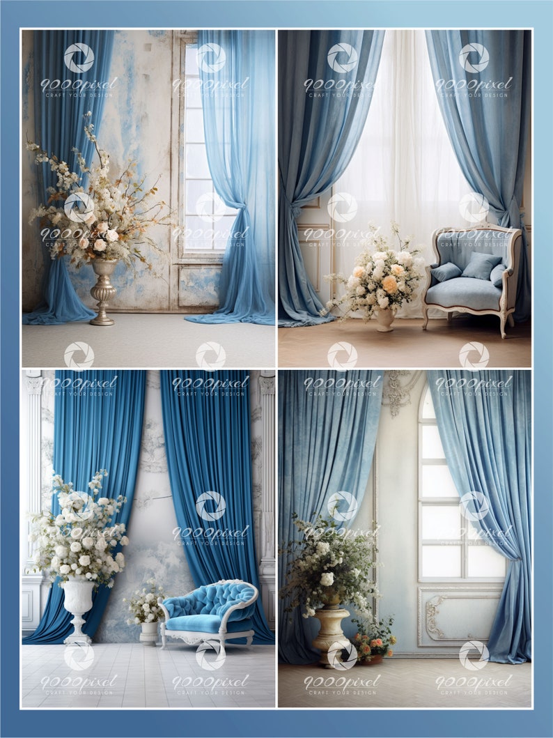 140 20 Photo Backdrops Set, Classy Rooms With Blue Curtain for ...