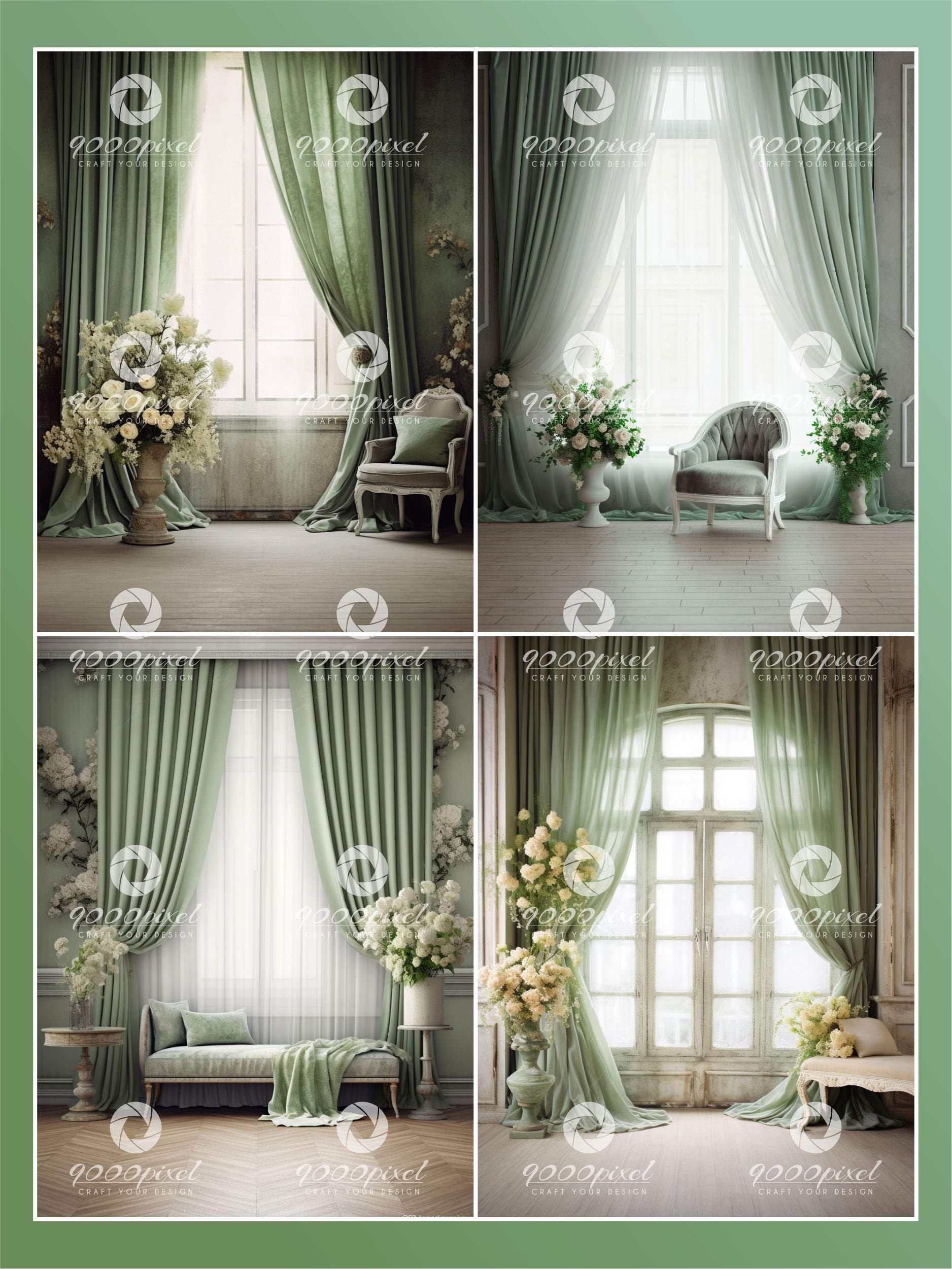 20 Photo Backdrops Set, Classy Rooms With Green Curtain for Maternity ...