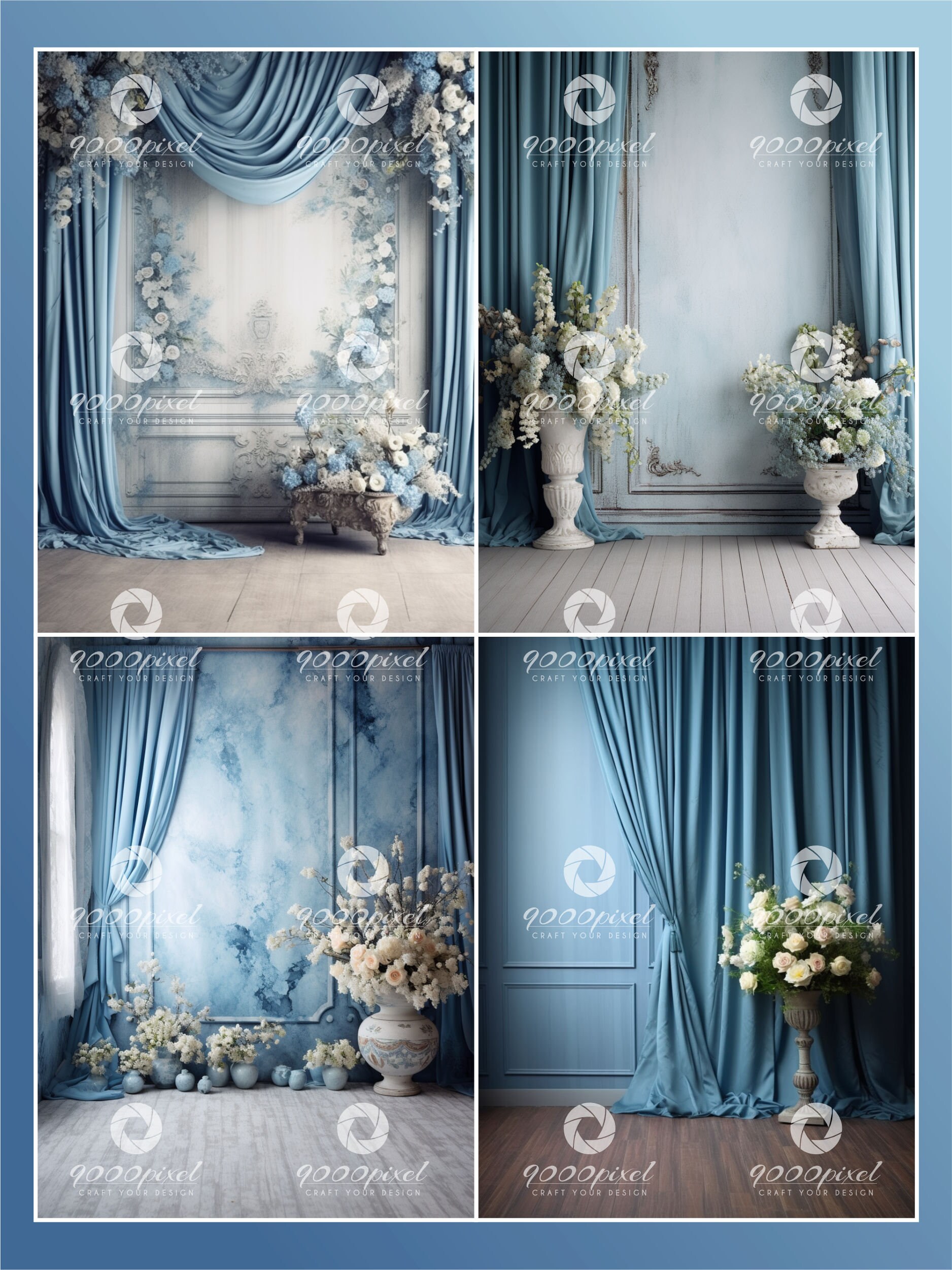 140 20 Photo Backdrops Set, Classy Rooms With Blue Curtain for ...