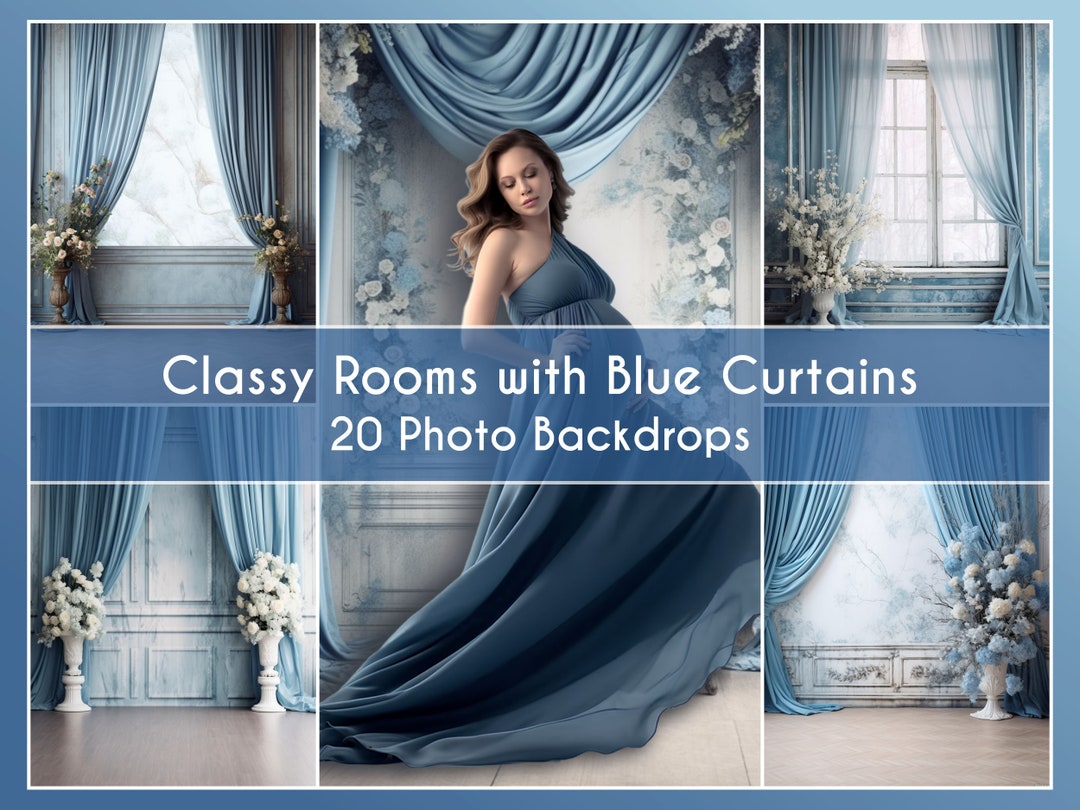 140 20 Photo Backdrops Set, Classy Rooms With Blue Curtain for ...