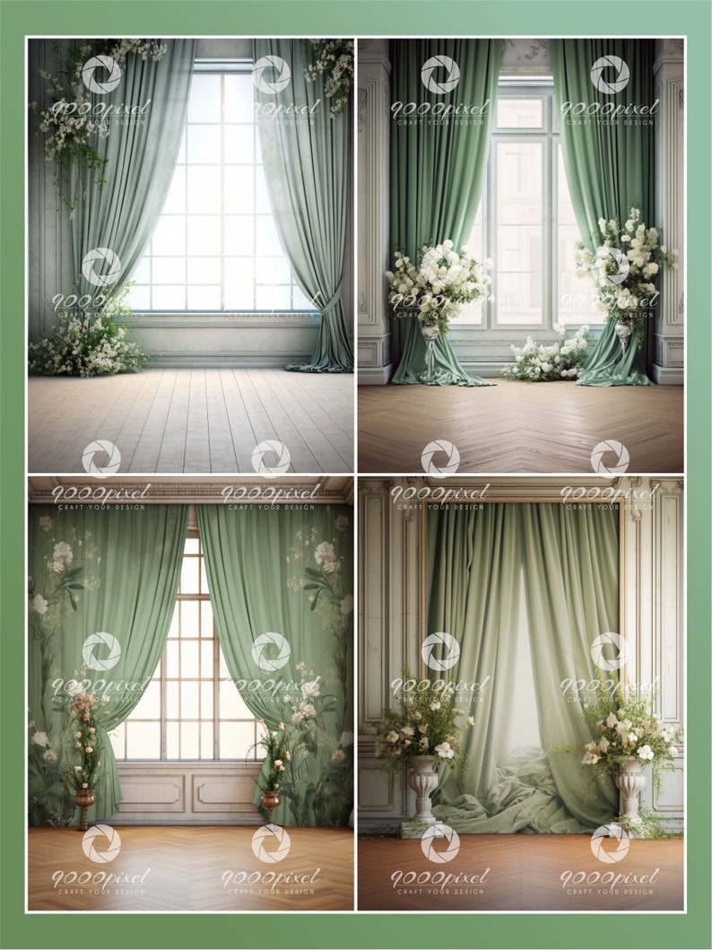 20 Photo Backdrops Set, Classy Rooms With Green Curtain for Maternity ...