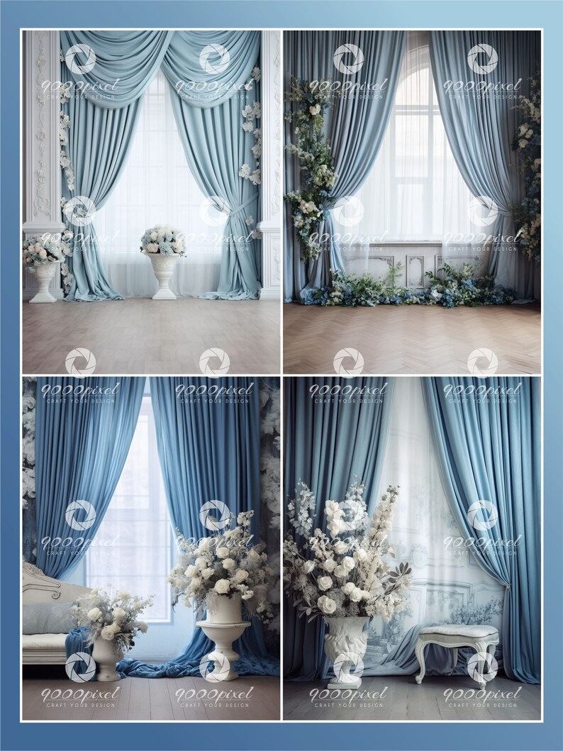 140 20 Photo Backdrops Set, Classy Rooms With Blue Curtain for ...