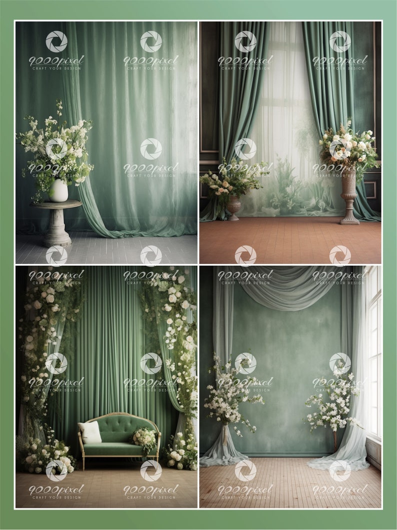 20 Photo Backdrops Set, Classy Rooms With Green Curtain for Maternity ...