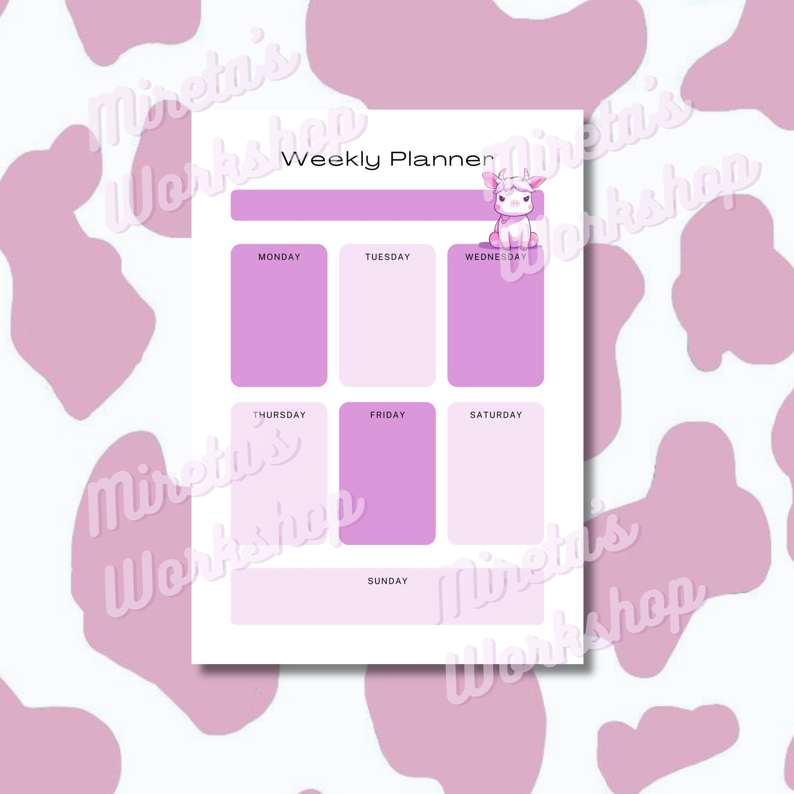 Digital Weekly Planner, Printable Weekly Planner, Little Cow Planner ...