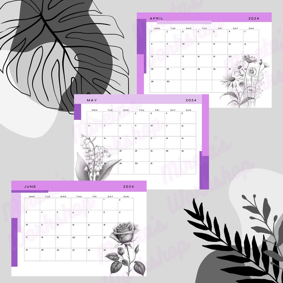Digital 2024 Calendar, Printable Calendar, Birth Flower, Organisation ...