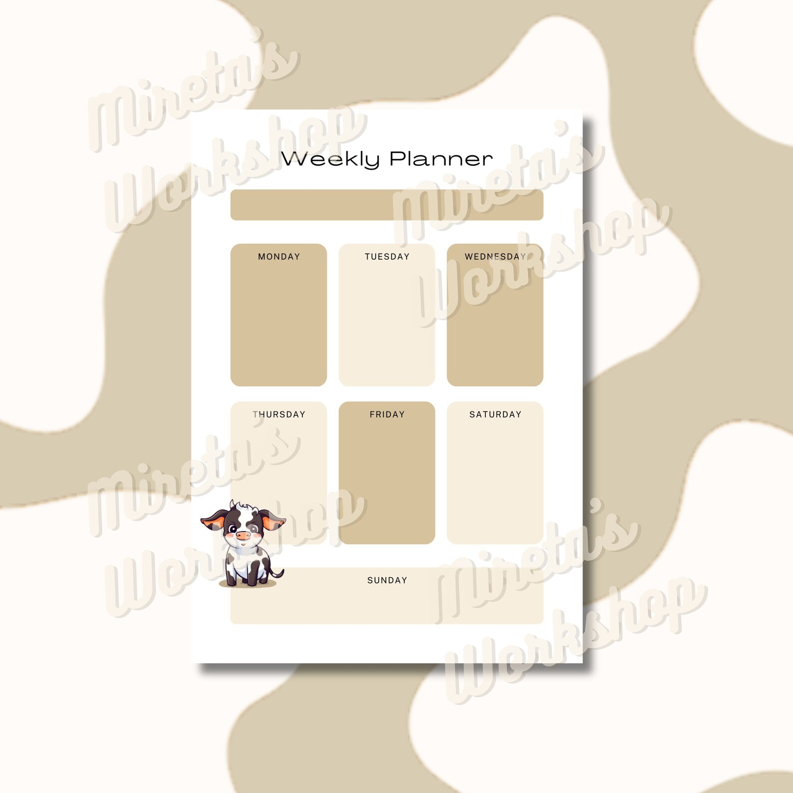 Digital Weekly Planner, Printable Weekly Planner, Little Cow Planner ...