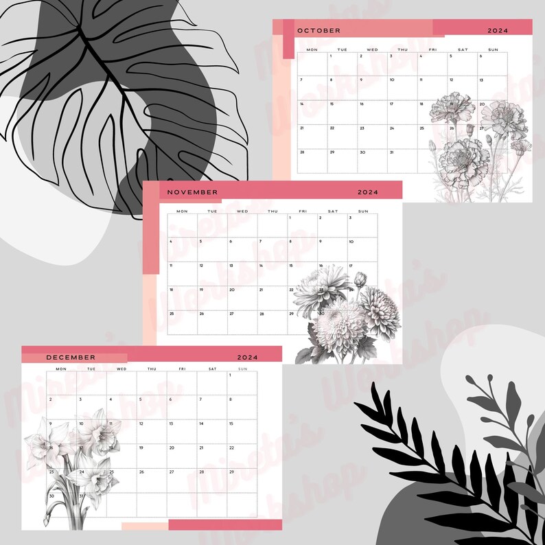 Digital 2024 Calendar, Printable Calendar, Birth Flower Calendar ...