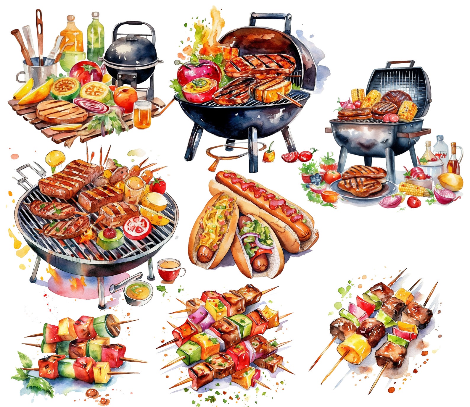 18 Summer BBQ Clipart Watercolor Backyard Barbecue PNG Father's Day ...