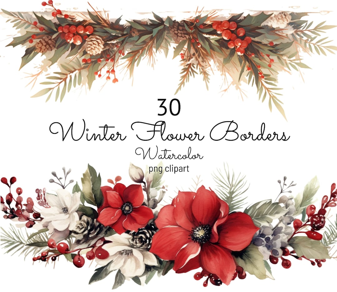 30 Winter Floral Border Clipart: Watercolor Christmas PNG (digital ...