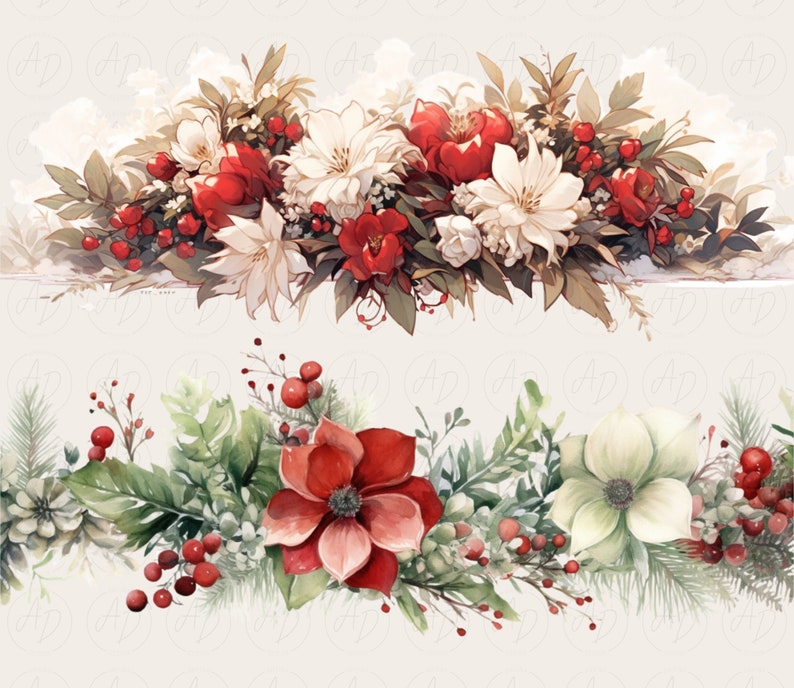 30 Winter Floral Border Clipart: Watercolor Christmas PNG (digital ...